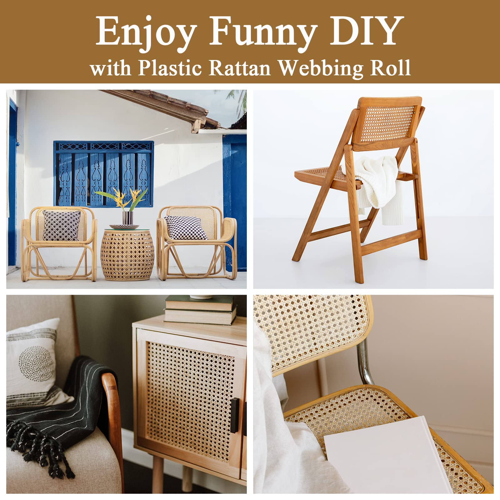 16" x5FT Plastic Rattan Cane Webbing, Woven Open Mesh Cane Net Roll for DIY Caning Furniture Decor Projects: Chair, Cabinet, Ceiling and Door(59x16 in)