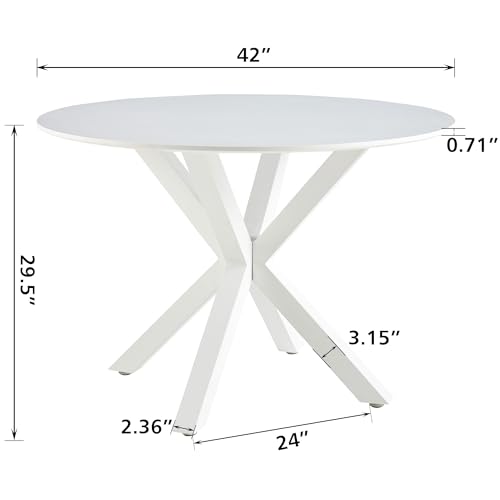 Modern Round Dining Table for 4, White Kitchen Tables MDF Top with X-Shaped Metal Legs, Small Space-Friendly Kitchen Table, Dining Room or Office, 42-Inch