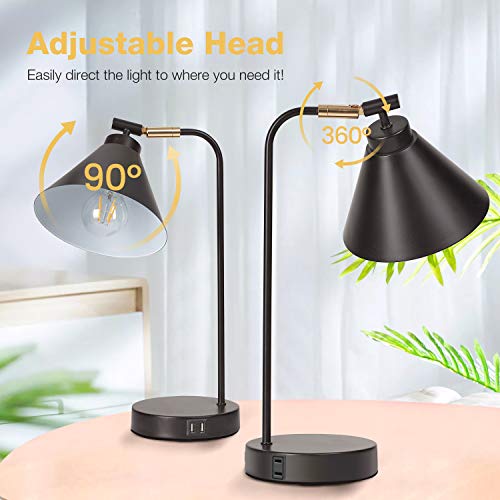 Industrial Black Bedroom Table Lamp, Dimmable Touch Control Bedside Lamp with 2 USB Charging Ports and AC Outlet, Nightstand Reading Lamp with Metal Flexible Head for Living Room Office, Bulb Included