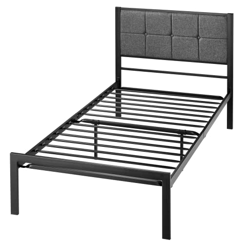 SHA CERLIN Twin Size Bed Frame with Upholstered Headboard, Platform Bed Frame with Metal Slats, Button Tufted Square Stitched Headboard, Noise Free, No Box Spring Needed, Easy Assembly, Dark Grey