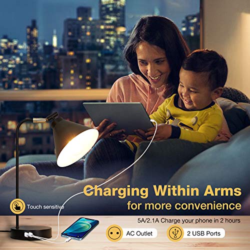 Industrial Black Bedroom Table Lamp, Dimmable Touch Control Bedside Lamp with 2 USB Charging Ports and AC Outlet, Nightstand Reading Lamp with Metal Flexible Head for Living Room Office, Bulb Included