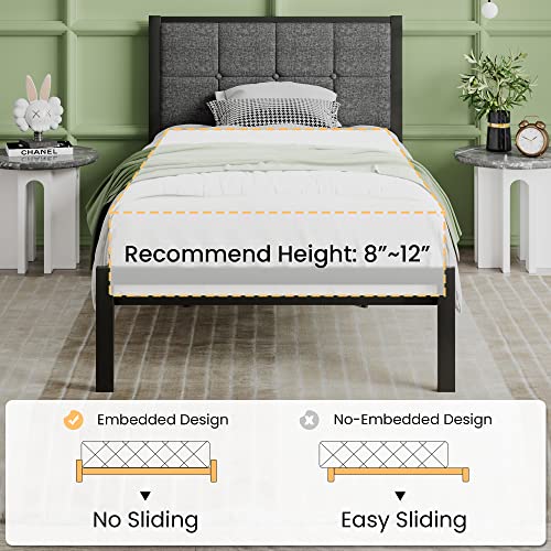 SHA CERLIN Twin Size Bed Frame with Upholstered Headboard, Platform Bed Frame with Metal Slats, Button Tufted Square Stitched Headboard, Noise Free, No Box Spring Needed, Easy Assembly, Dark Grey