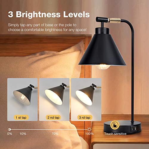 Industrial Black Bedroom Table Lamp, Dimmable Touch Control Bedside Lamp with 2 USB Charging Ports and AC Outlet, Nightstand Reading Lamp with Metal Flexible Head for Living Room Office, Bulb Included