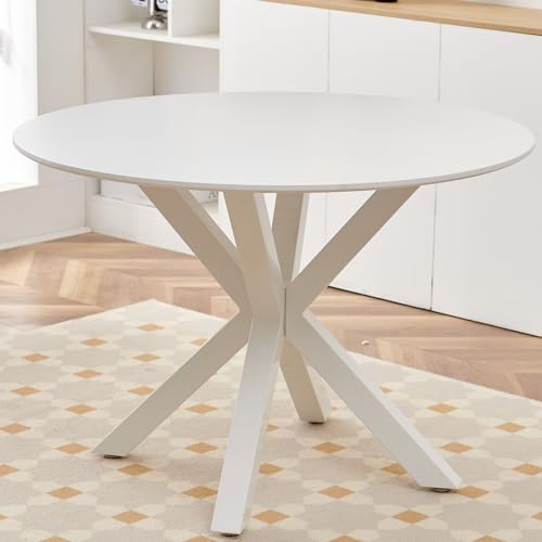 Modern Round Dining Table for 4, White Kitchen Tables MDF Top with X-Shaped Metal Legs, Small Space-Friendly Kitchen Table, Dining Room or Office, 42-Inch