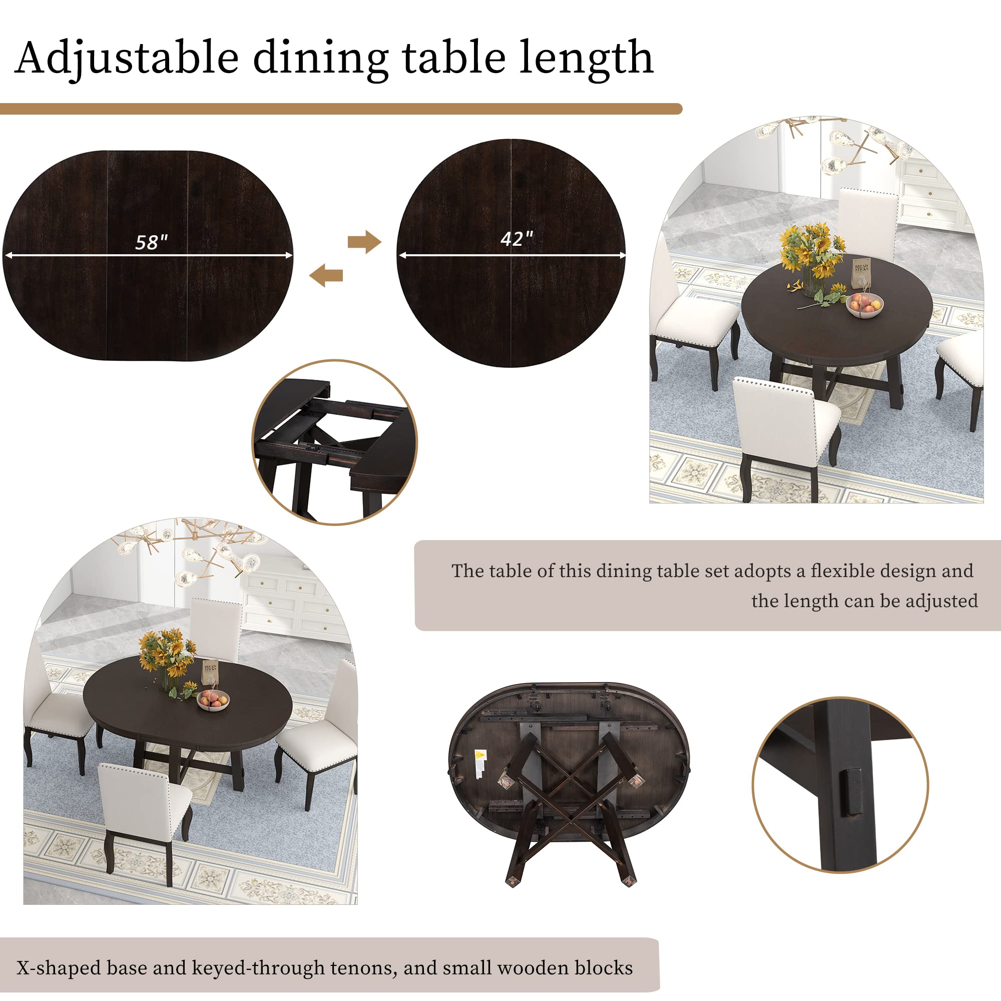 KoiHome, Farmhouse Extendable 16" Leaf Wood, Modern Round Family Dinner, Seats up to 6, Indoor/Outdoor Dining, Kitchen Table (Espresso), Natural
