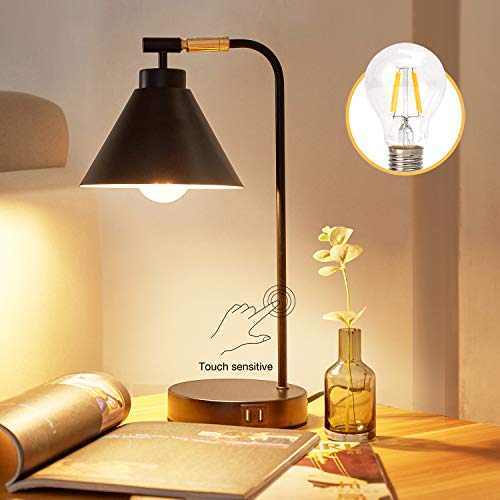 Industrial Black Bedroom Table Lamp, Dimmable Touch Control Bedside Lamp with 2 USB Charging Ports and AC Outlet, Nightstand Reading Lamp with Metal Flexible Head for Living Room Office, Bulb Included