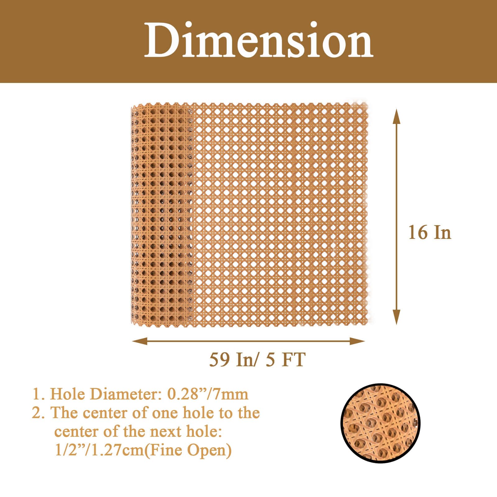 16" x5FT Plastic Rattan Cane Webbing, Woven Open Mesh Cane Net Roll for DIY Caning Furniture Decor Projects: Chair, Cabinet, Ceiling and Door(59x16 in)
