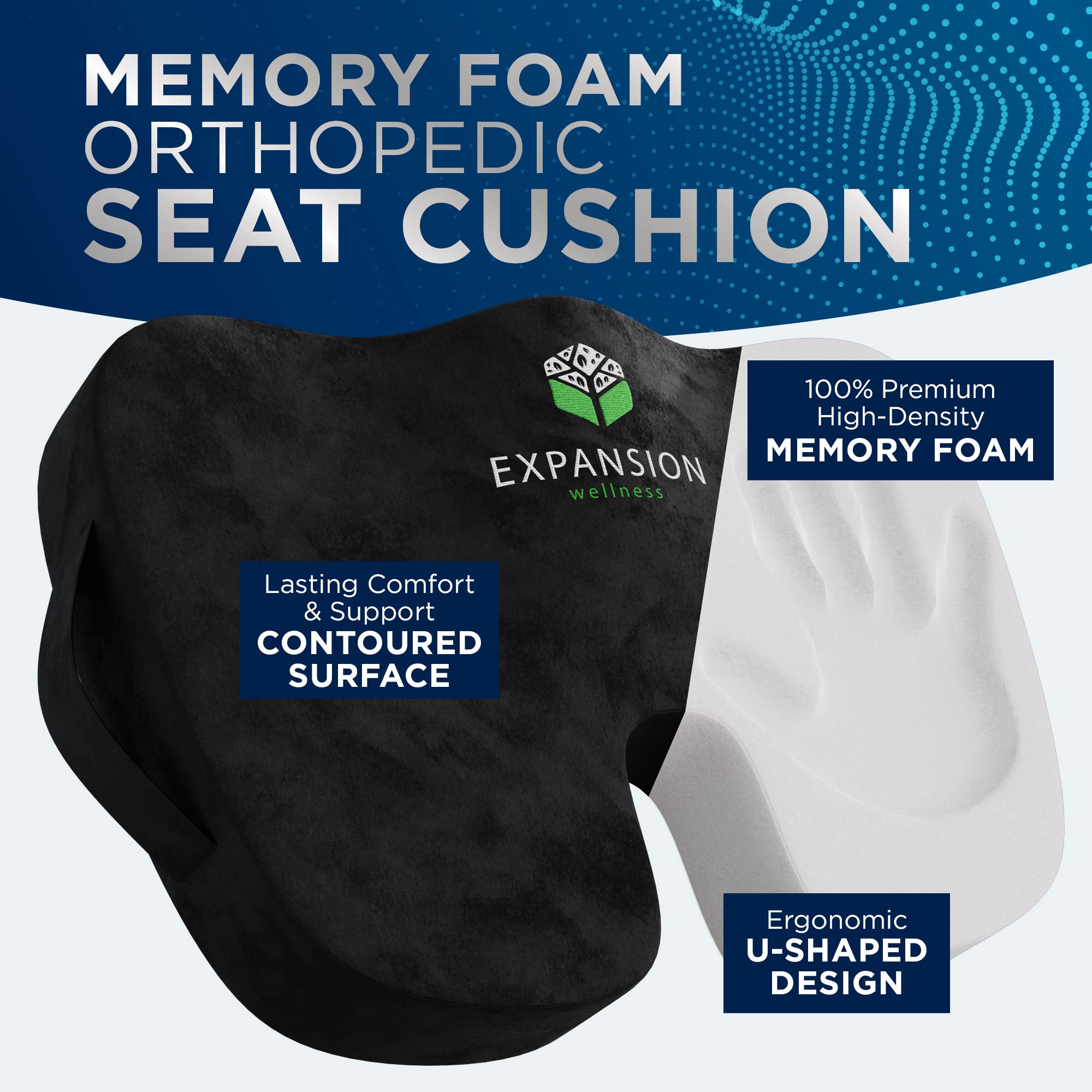 Seat Cushion for Office Chair β Memory Foam Tailbone Pillow Pad for Sitting, Computer, Desk, Chair, Car β Contoured Posture Corrector for Sciatica, Coccyx Back Pain Relief (Black)