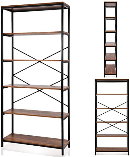 Solid Open Book Shelves, 71 Tall Modern Bookshelf 6 Foot, Free Standing Display Shelving Unit, 5 Tier Industrial Bookcase for Living Room Bedroom - Black Metal Frame & Rustic Cherry Wooden Shelves