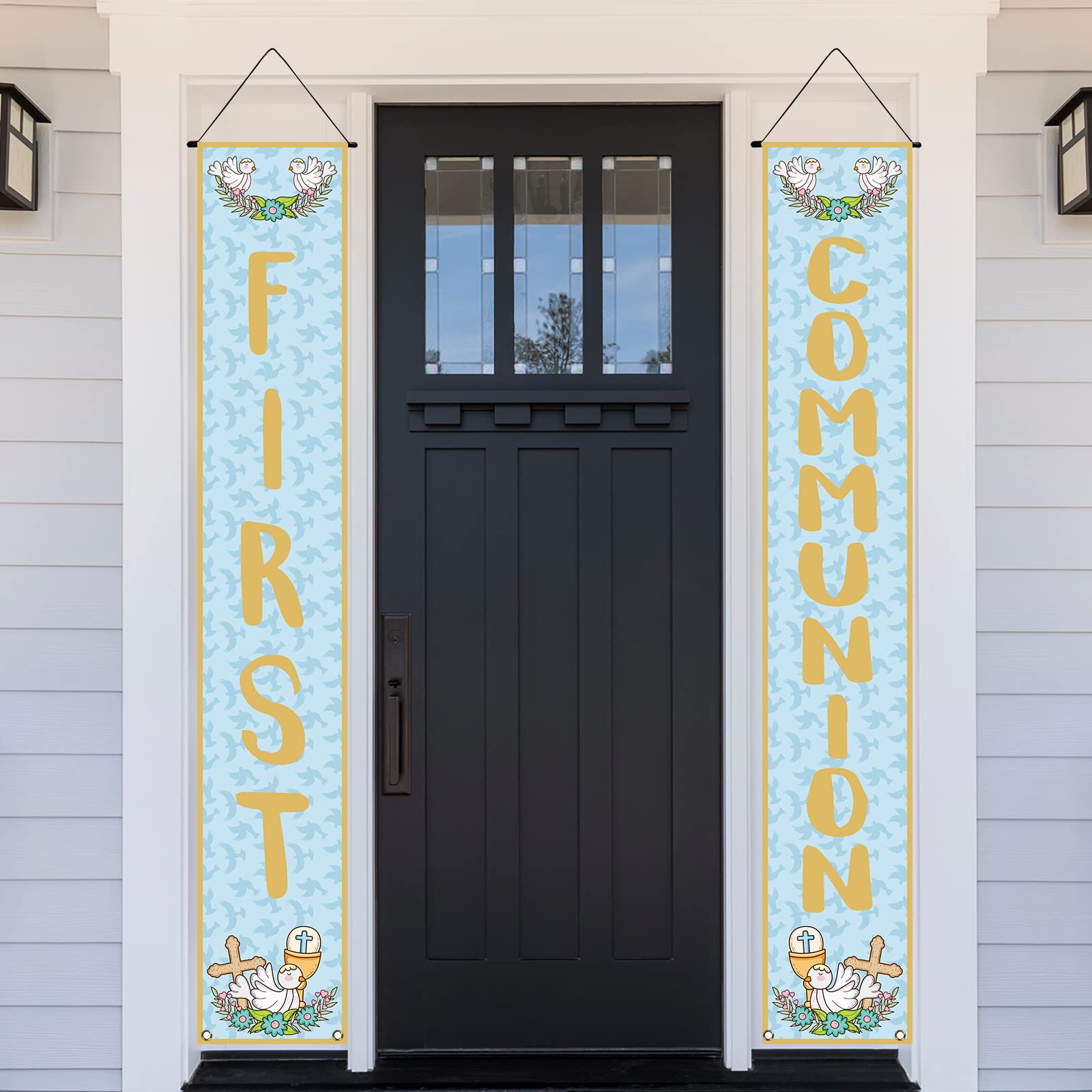 Blue First Communion Decorations Confirmation Porch Banner Baptism Front Porch Sign Christening 1st Communion Decoration and Supplies for Boys-12×71''
