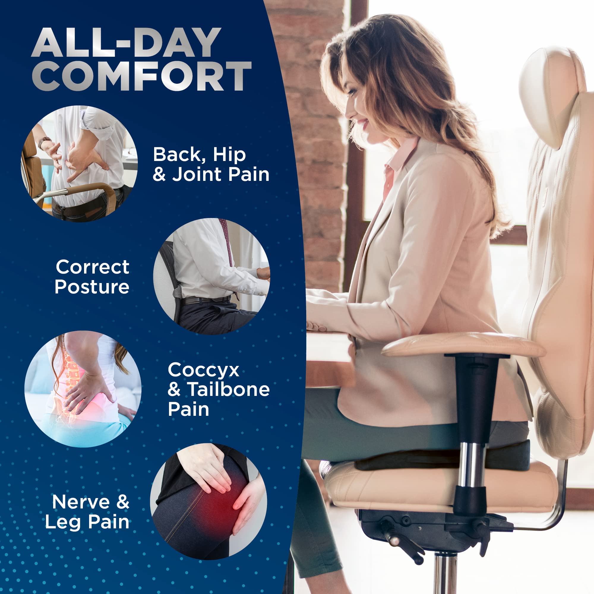 Seat Cushion for Office Chair β Memory Foam Tailbone Pillow Pad for Sitting, Computer, Desk, Chair, Car β Contoured Posture Corrector for Sciatica, Coccyx Back Pain Relief (Black)