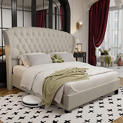 PaPaJet Queen Size Platform Bed Frame, Linen Curved Upholstered Bed with Shell Wingback Headboard/Deep Button Tufted/No Box Spring Needed/Beige