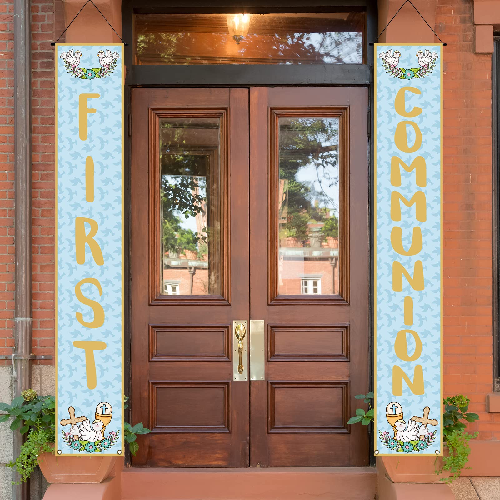 Blue First Communion Decorations Confirmation Porch Banner Baptism Front Porch Sign Christening 1st Communion Decoration and Supplies for Boys-12×71''