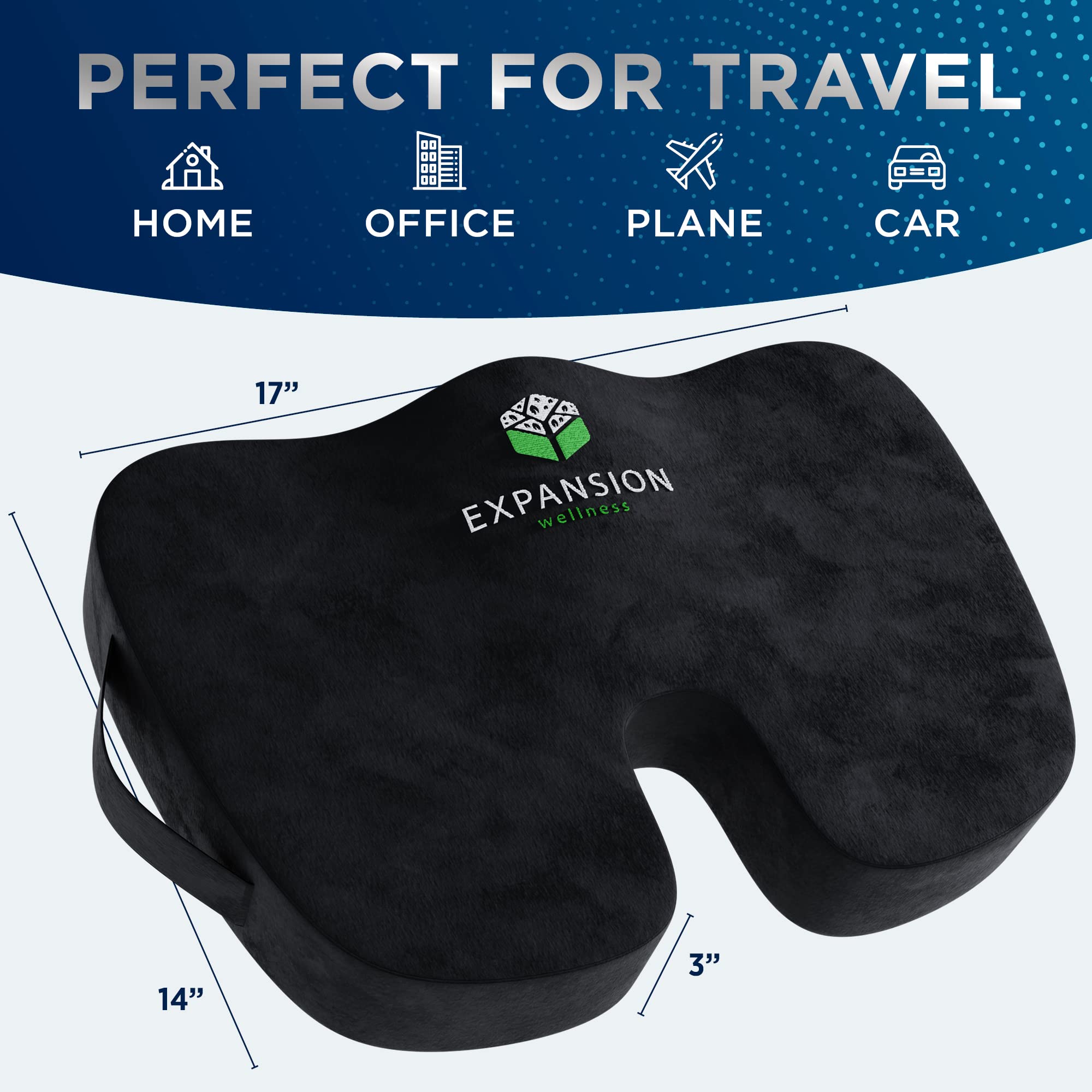 Seat Cushion for Office Chair β Memory Foam Tailbone Pillow Pad for Sitting, Computer, Desk, Chair, Car β Contoured Posture Corrector for Sciatica, Coccyx Back Pain Relief (Black)