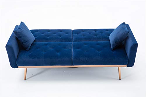 SZLIZCCC 63" Accent Sofa, Mid Century Modern Velvet Fabric Couch, Convertible Futon Sofa Bed ,Recliner Couch Accent Sofa Loveseat Sofa with Gold Metal Feet (Blue)