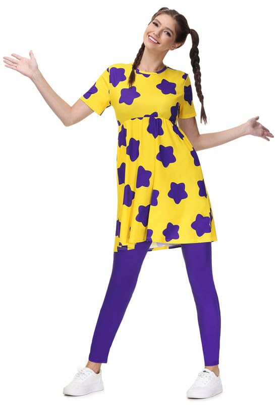 Women's Halloween Short Sleeve High Waist Yellow Dress Round Neck Susei Carmichael Costume with Leggings XL