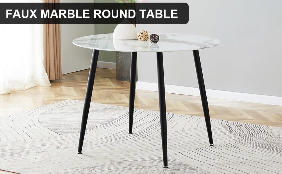 40'' Round Glass Dining Table with 0.3'' White Imitation Marble Tempered Glass Desktop, Modern Dining Table with 4 Metal Legs for Dining Room Kitchen Living Room.