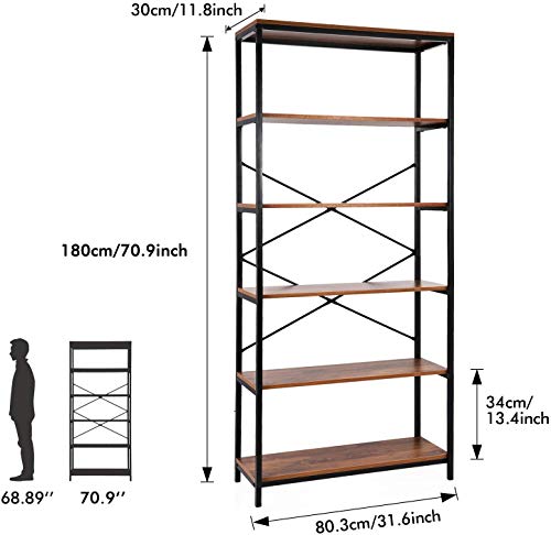 Solid Open Book Shelves, 71 Tall Modern Bookshelf 6 Foot, Free Standing Display Shelving Unit, 5 Tier Industrial Bookcase for Living Room Bedroom - Black Metal Frame & Rustic Cherry Wooden Shelves