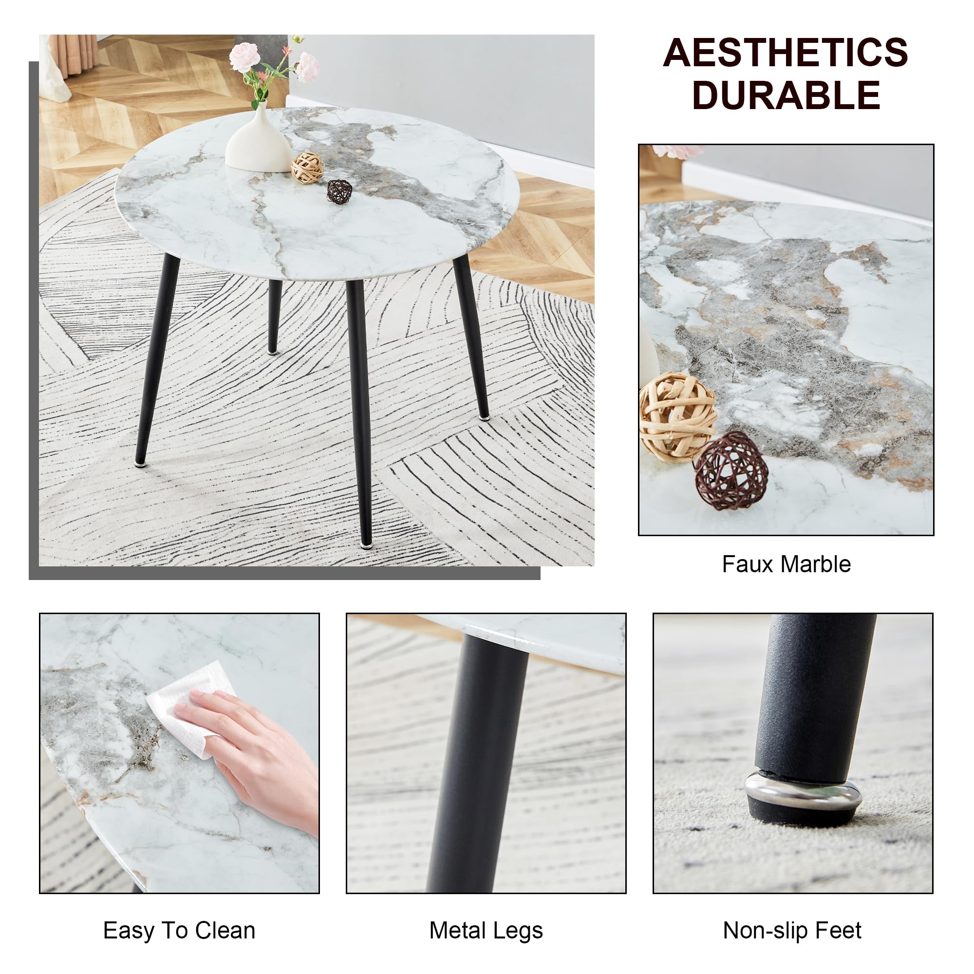 40'' Round Glass Dining Table with 0.3'' White Imitation Marble Tempered Glass Desktop, Modern Dining Table with 4 Metal Legs for Dining Room Kitchen Living Room.