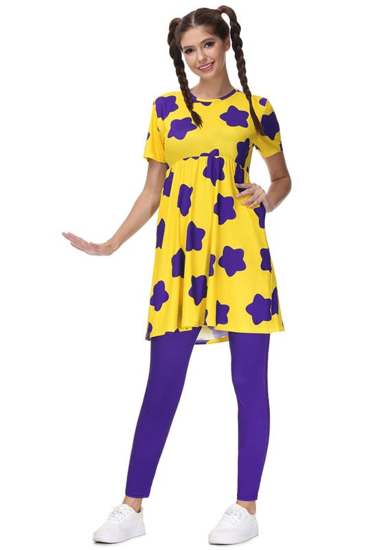Women's Halloween Short Sleeve High Waist Yellow Dress Round Neck Susei Carmichael Costume with Leggings XL