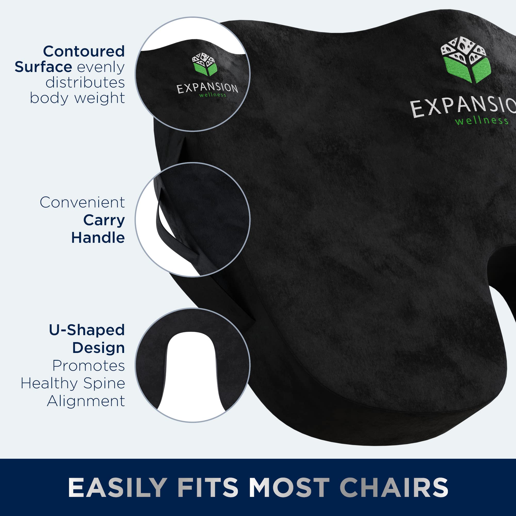 Seat Cushion for Office Chair β Memory Foam Tailbone Pillow Pad for Sitting, Computer, Desk, Chair, Car β Contoured Posture Corrector for Sciatica, Coccyx Back Pain Relief (Black)