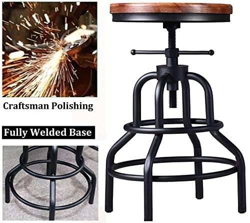 LOKKHAN Vintage Industrial Bar Stool-Rustic Swivel Bar Stool-Round Wood Metal Stool-Kitchen Counter Height Adjustable Pipe Stool-Cast Steel Stool 20-27 Inch (Set of 2)