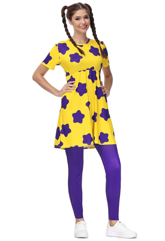 Women's Halloween Short Sleeve High Waist Yellow Dress Round Neck Susei Carmichael Costume with Leggings XL