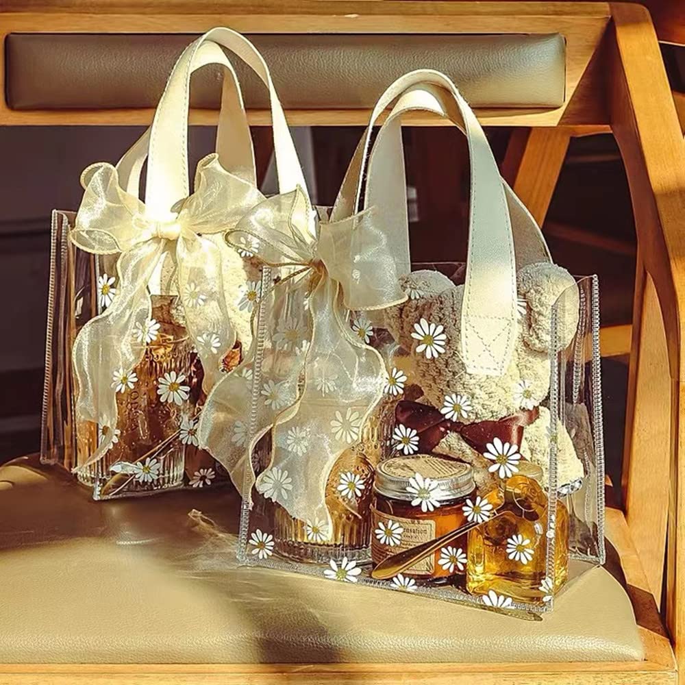 Clear Gift Wrap Bag with Handles (2pcs,9.1 X 9.8X 5.5'') Heavy Duty Plastic Waterproof Gift Packing Bag for Party, Reusable Merchandise Retail Transparent PVC Shopping Tote Bags for Package Candy