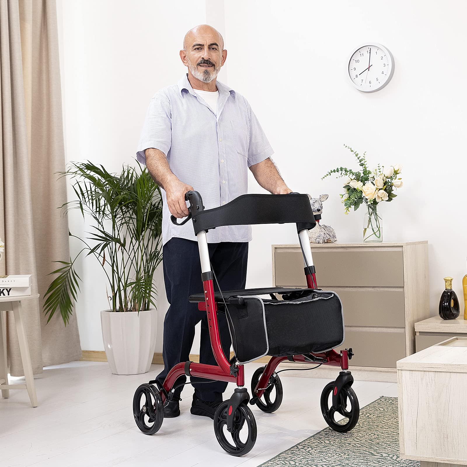 Rollator Walkers for Seniors- Rollator Walker with Seat 8" Wheels- Easy Folding Senior Walker with Padded Backrest- Lightweight Mobility Walking Aid for Adult Elderly, Aluminum Frame, Red