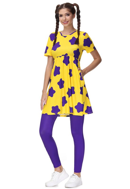 Women's Halloween Short Sleeve High Waist Yellow Dress Round Neck Susei Carmichael Costume with Leggings XL