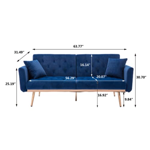 SZLIZCCC 63" Accent Sofa, Mid Century Modern Velvet Fabric Couch, Convertible Futon Sofa Bed ,Recliner Couch Accent Sofa Loveseat Sofa with Gold Metal Feet (Blue)