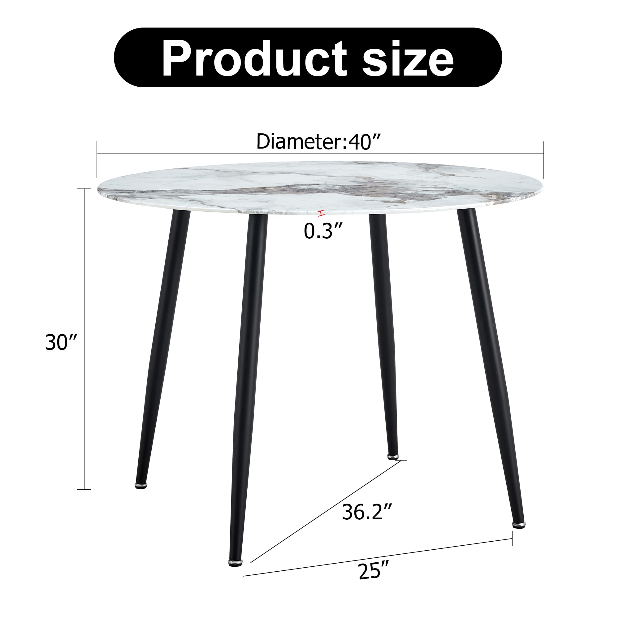 40'' Round Glass Dining Table with 0.3'' White Imitation Marble Tempered Glass Desktop, Modern Dining Table with 4 Metal Legs for Dining Room Kitchen Living Room.
