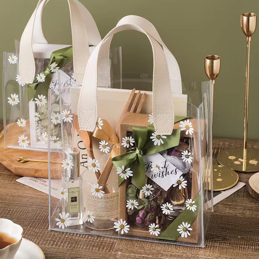 Clear Gift Wrap Bag with Handles (2pcs,9.1 X 9.8X 5.5'') Heavy Duty Plastic Waterproof Gift Packing Bag for Party, Reusable Merchandise Retail Transparent PVC Shopping Tote Bags for Package Candy