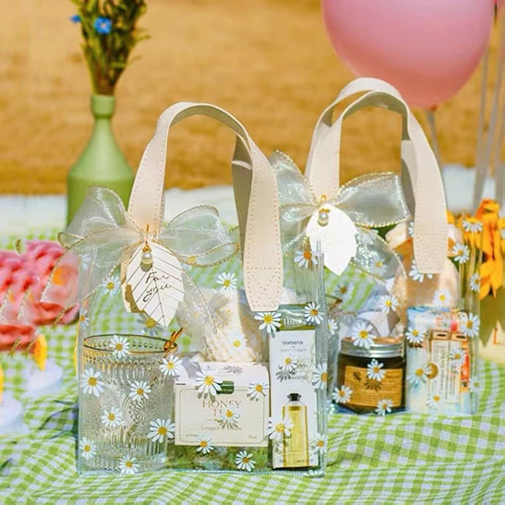 Clear Gift Wrap Bag with Handles (2pcs,9.1 X 9.8X 5.5'') Heavy Duty Plastic Waterproof Gift Packing Bag for Party, Reusable Merchandise Retail Transparent PVC Shopping Tote Bags for Package Candy