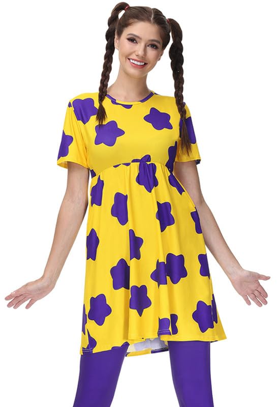 Women's Halloween Short Sleeve High Waist Yellow Dress Round Neck Susei Carmichael Costume with Leggings XL