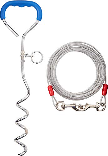 Petmate Easyturn 18 Inch Spiral Stake Dog Tie Out With 20 Foot Cable; For Dogs Up To 100 Pounds, Blue Comfort Power Handle For Secure Installation Into Ground