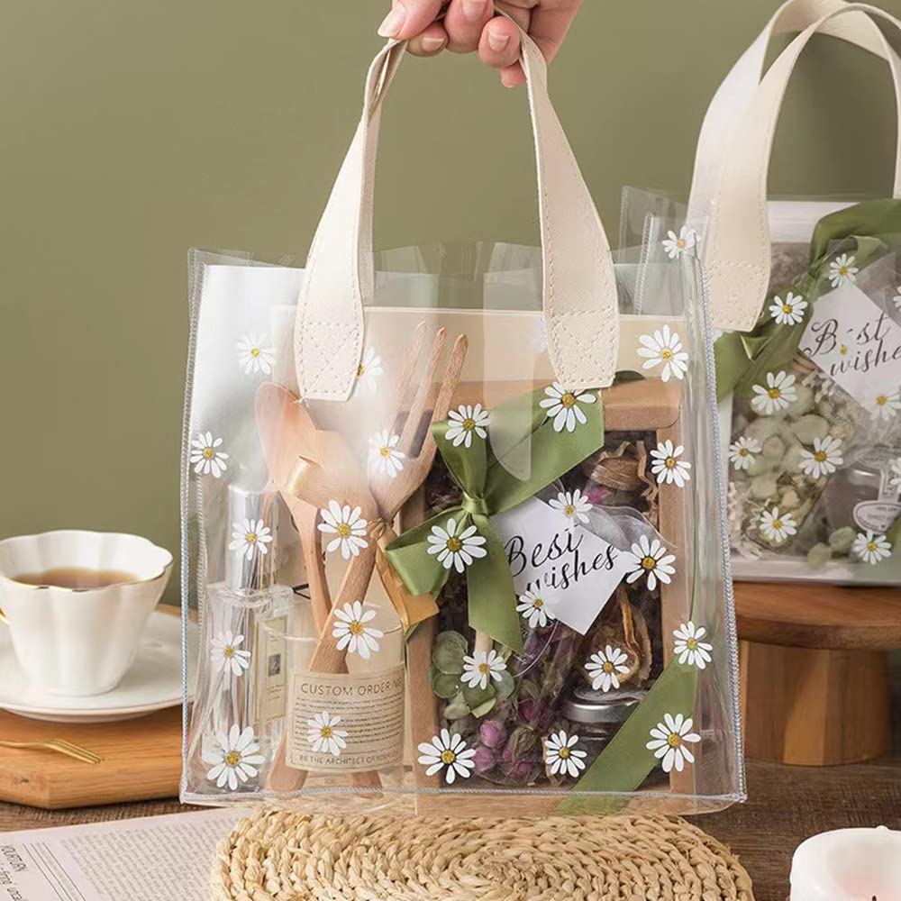 Clear Gift Wrap Bag with Handles (2pcs,9.1 X 9.8X 5.5'') Heavy Duty Plastic Waterproof Gift Packing Bag for Party, Reusable Merchandise Retail Transparent PVC Shopping Tote Bags for Package Candy