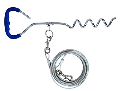 Petmate Easyturn 18 Inch Spiral Stake Dog Tie Out With 20 Foot Cable; For Dogs Up To 100 Pounds, Blue Comfort Power Handle For Secure Installation Into Ground