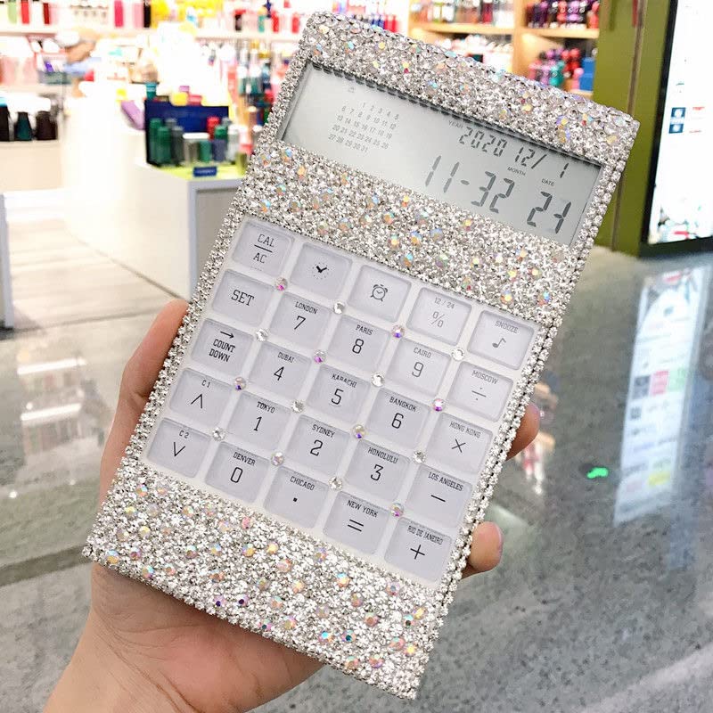 Glitter Calculator Silver Calculators Sparkle Bling Rhinestone Caiculator Office Home Electronics Diamond Desktop Calculator Solar Power 12 Digits Tilted LCD Display