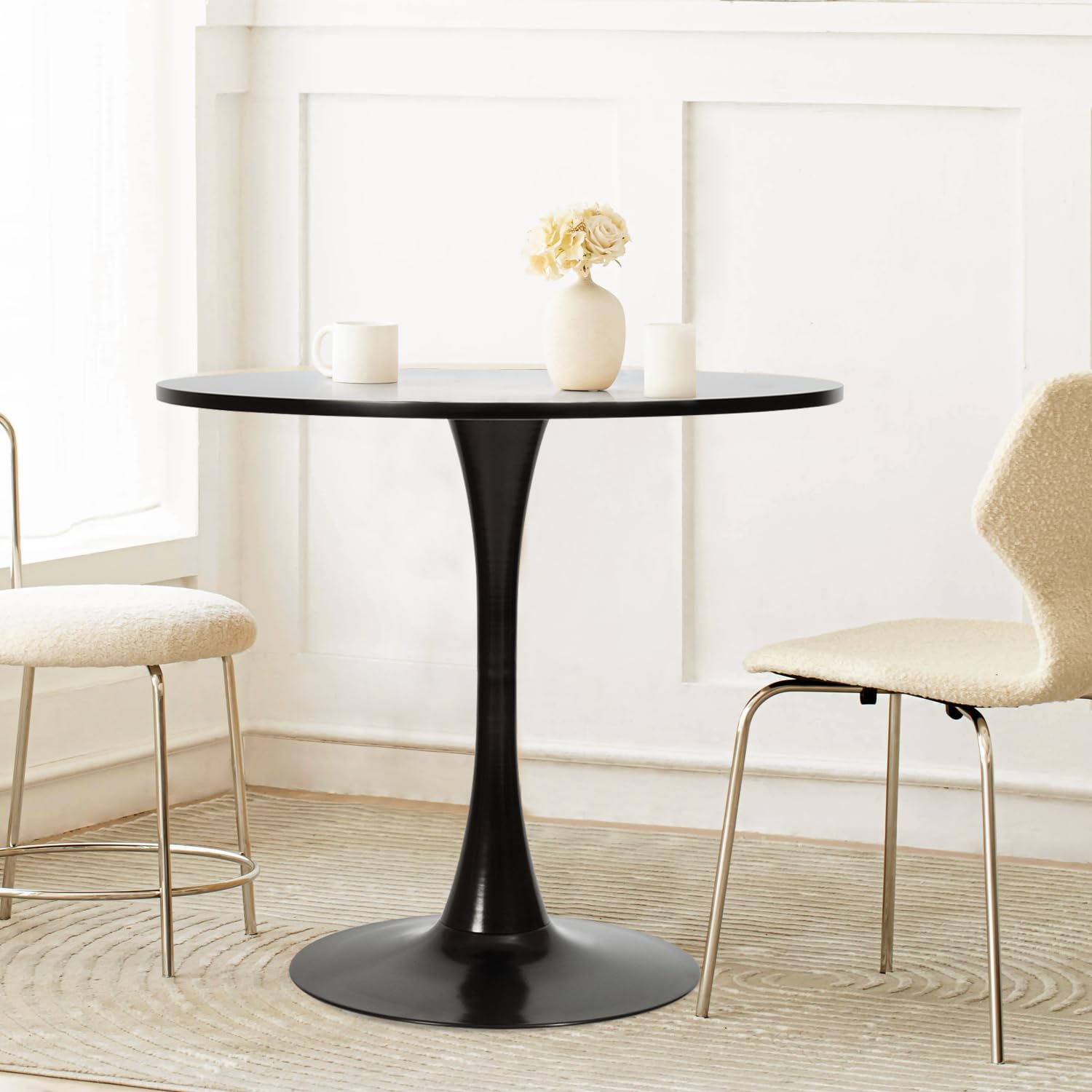 FurnitureR 31.5" Round Dining Table for 2-4 People with Pedestal Base for Home Office Living Room Kitchen Leisure, Black, Tulip Style