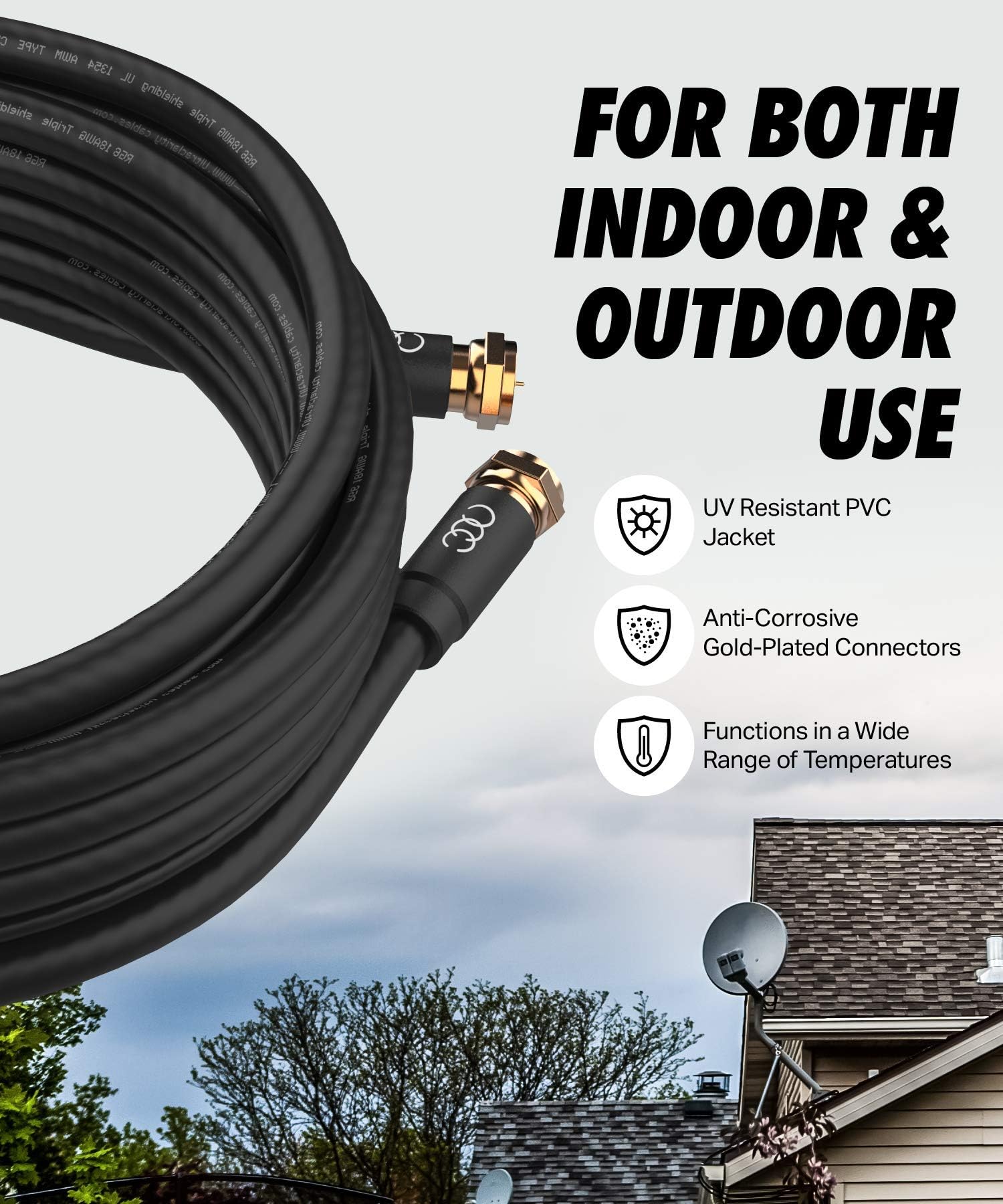 6FT TV Cable Wire Black RG6 Coaxial Cable with F Connector, Cable Extension Adapter, Low Loss High-Speed Coax Cable Cord Extender for HD TV, Router, Satellite, Antenna, TV Cable 6'