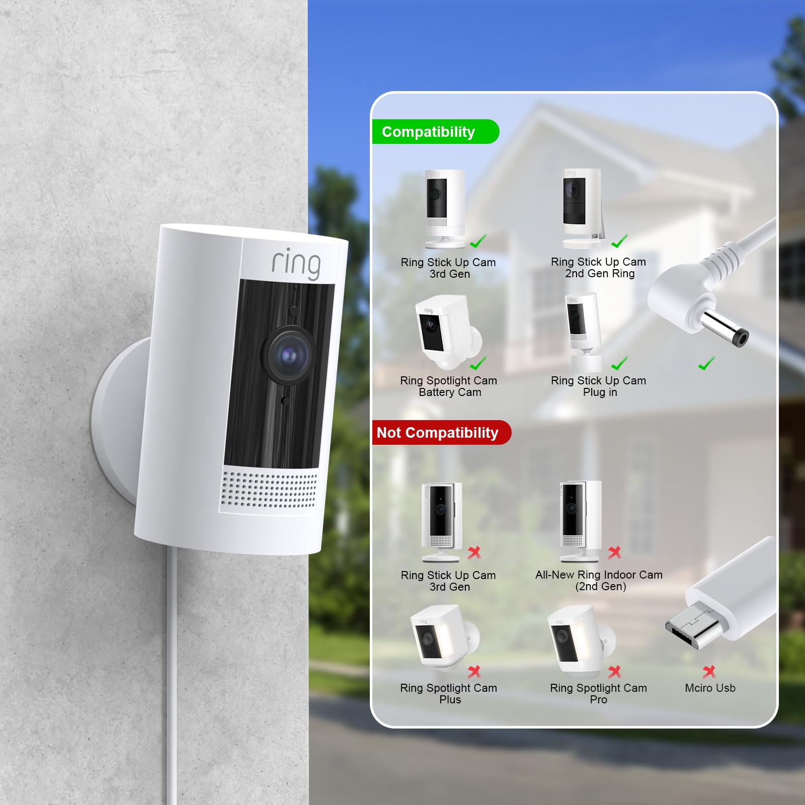 for Ring Stick Up Camera Plug in Cord Power Adapter for Ring Up Cam Battery 3rd / 2nd Gen, Spotlight Cam Battery, 26FT Waterproof Outdoor Charger Cable with 35pcs Fixed Clips, Continuously Charge