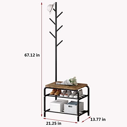 YIZAIJIA Coat Rack Shoe Bench 3 in 1 Multifunctional Industrial Style Coat Tree for Entryway Living Room Bedroom, Black