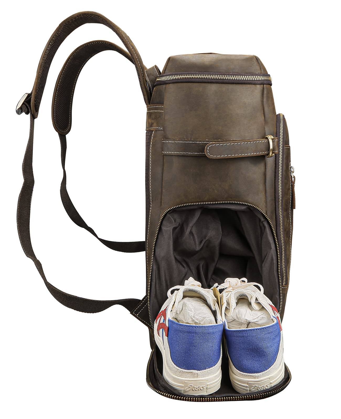 Lannsyne Vintage Full Grain Genuine Leather Backpack 18" Laptop Bag with Shoe Compartment Casual Travel Daypack Brown