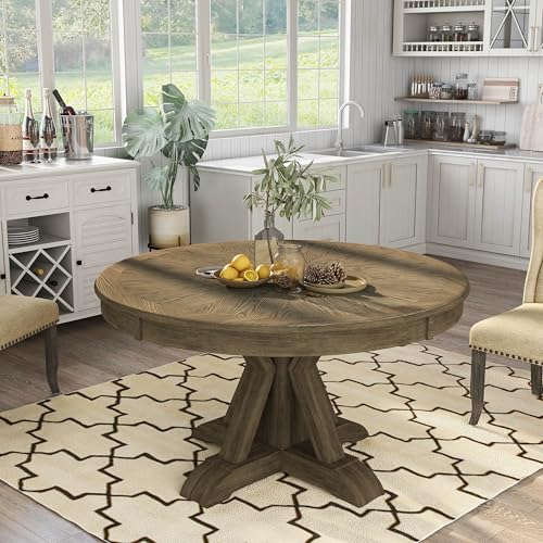 24/7 Shop at Home Van Lin Farmhouse 54-inch Solid Wood Round Dining Table with Trestle Pedestal Base, for Kitchen, Living Room, Entryway, Small Spaces, 54D x 54W x 30H in, Light Oak