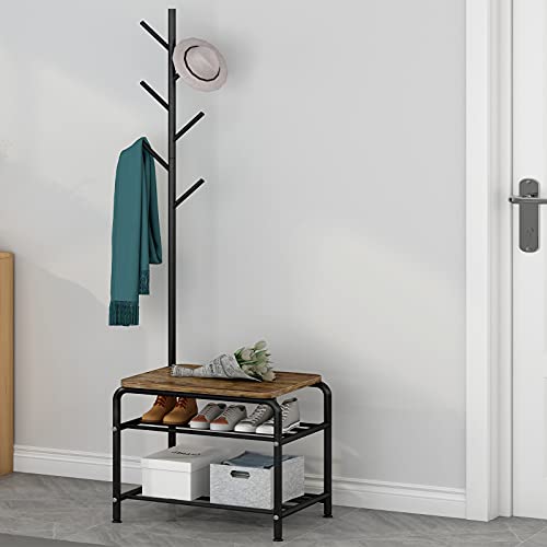 YIZAIJIA Coat Rack Shoe Bench 3 in 1 Multifunctional Industrial Style Coat Tree for Entryway Living Room Bedroom, Black