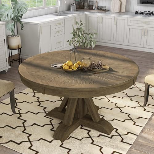 24/7 Shop at Home Van Lin Farmhouse 54-inch Solid Wood Round Dining Table with Trestle Pedestal Base, for Kitchen, Living Room, Entryway, Small Spaces, 54D x 54W x 30H in, Light Oak