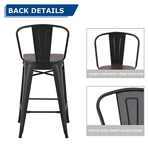 LSSBOUGHT Metal Barstools,Indoor-Outdoor Stackable Tolix Style Counter Stool with Wood Seat and Backrest Set of 4 (Black)