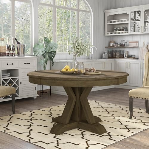 24/7 Shop at Home Van Lin Farmhouse 54-inch Solid Wood Round Dining Table with Trestle Pedestal Base, for Kitchen, Living Room, Entryway, Small Spaces, 54D x 54W x 30H in, Light Oak