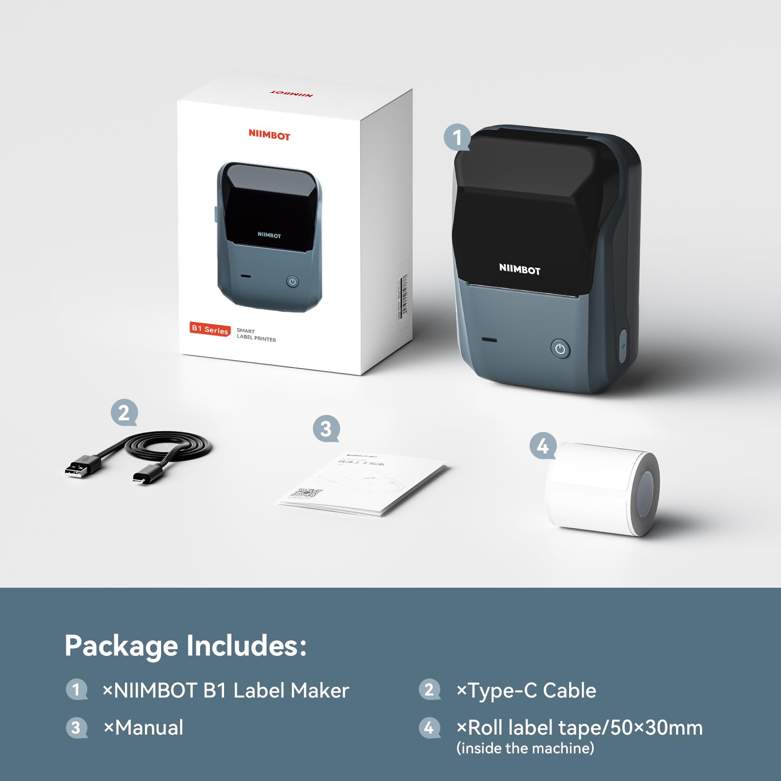 NIIMBOT B1 Label Maker Machine with Tape, 2" Portable Sticker Printer for Home School & Small Business, Compatible with Phones & PC